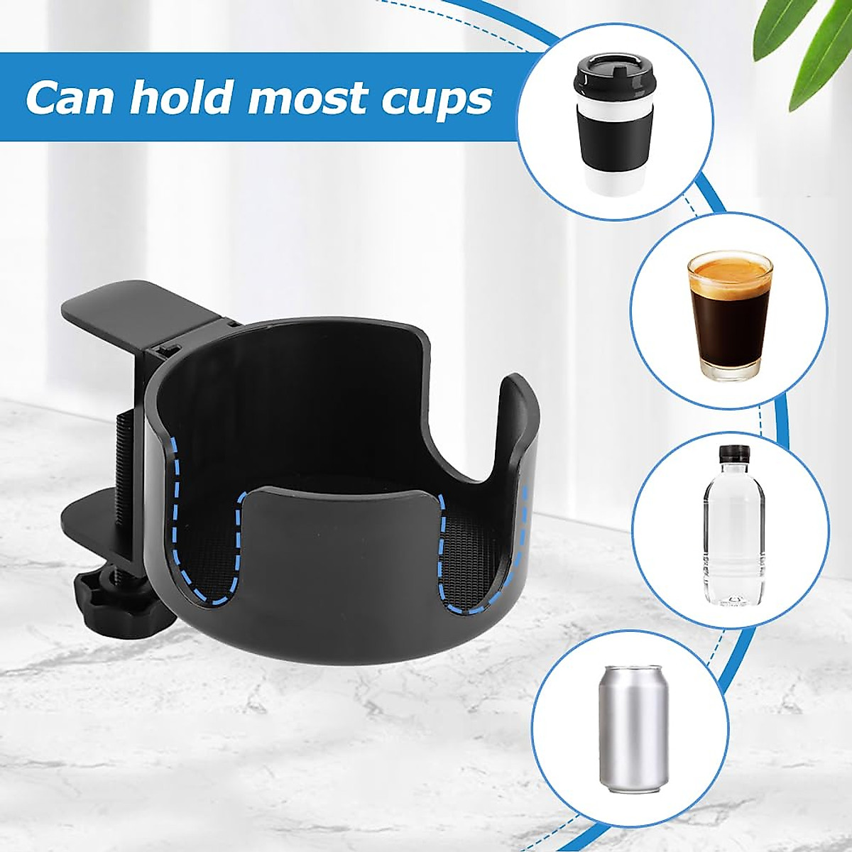 Desk Cup Holder Clamp W/Desk Hook,Large Anti-Spill Cup Holder Clamp, Easy to Install Table Cup Holder,Desk Drink Bottle Holder for Coffee Mups,Water Cups,Bag,Headphone