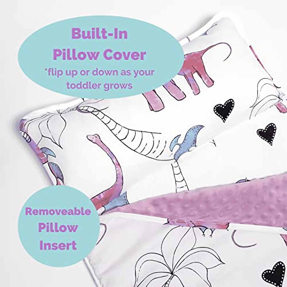 JumpOff Jo - Toddler Nap Mat for Preschool, Daycare, and Kindergarten - Sleeping Bag for Kids with Removable Pillow and Ultra Soft Blanket - Pink Dino