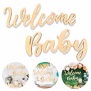 Wood Original Wood Color Welcome Baby Sign - Baby Shower Banner for 1st Birthday, Baby Party Sign Wooden Cutout Nursery Decor, Baby Shower Party Banner Event Decorations for Gender Reveal Backdrop