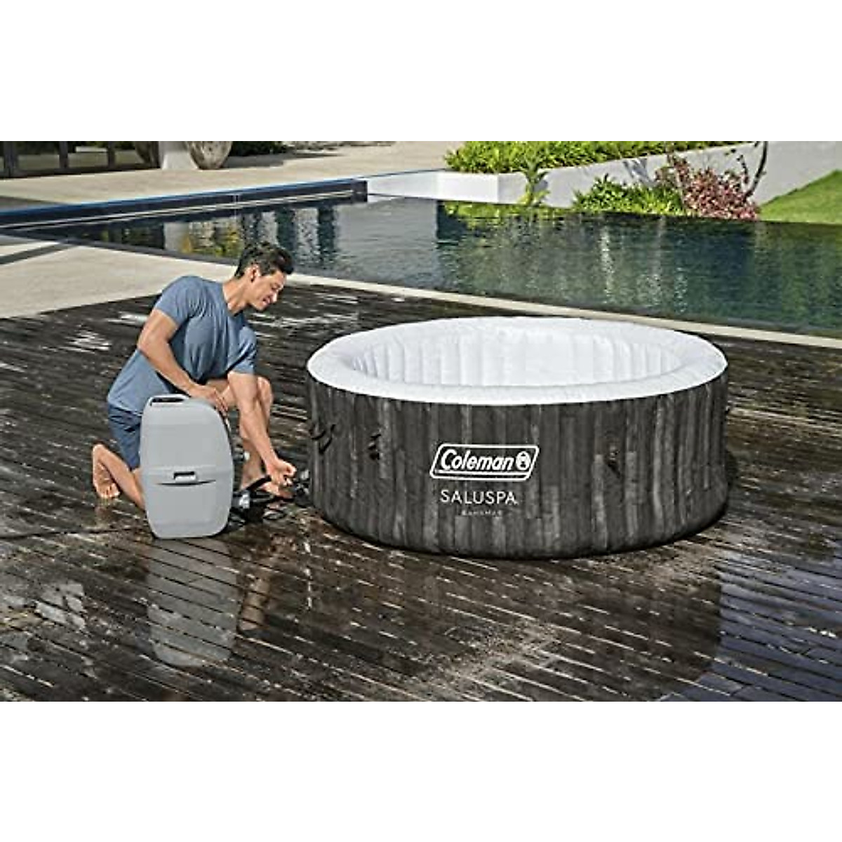 Coleman SaluSpa 71" x 26" AirJet Inflatable Hot Tub, 2-4 Person - Bahamas Natural Wood Print