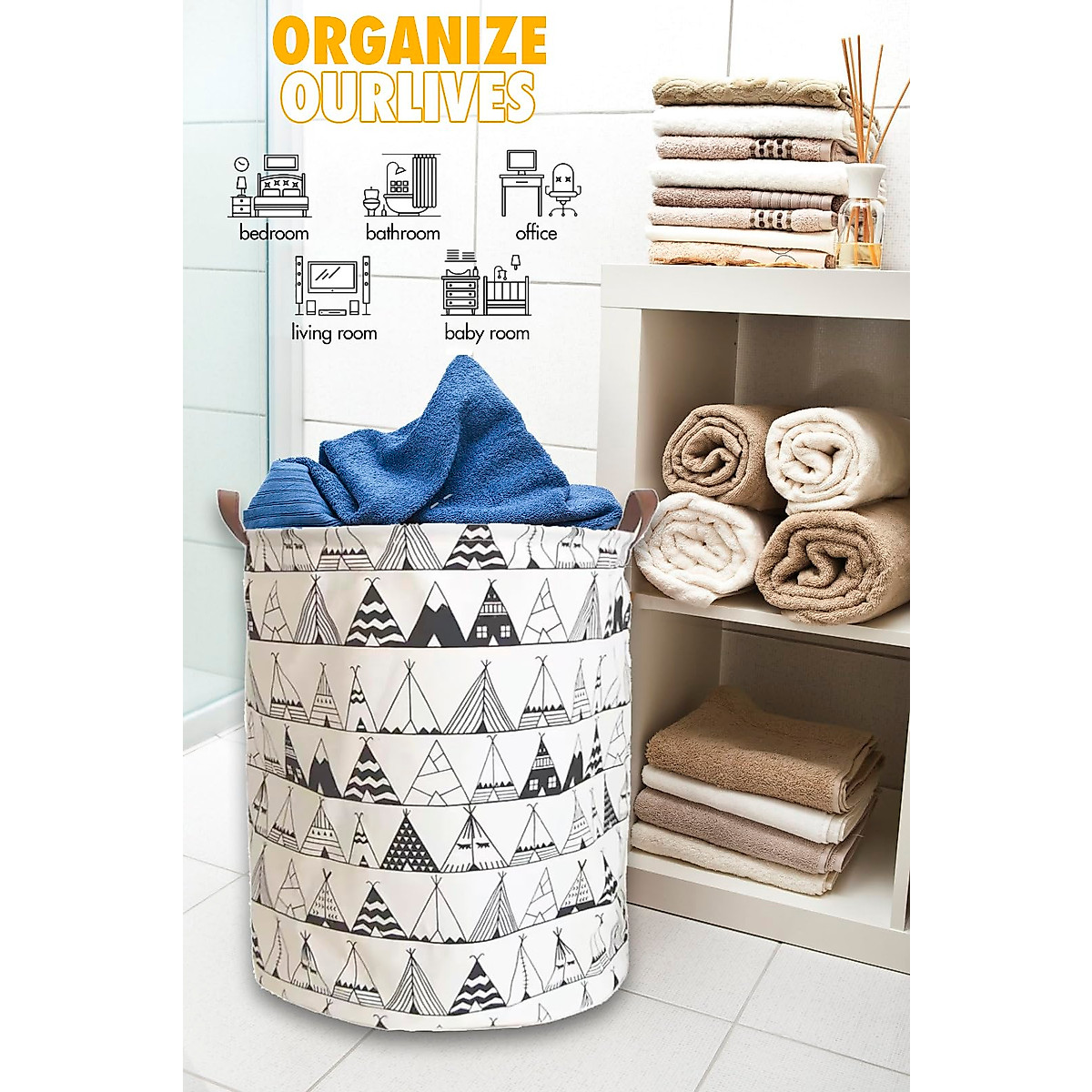 Nictemaw Laundry Hamper, Foldable Laundry Basket with Waterproof PE Coating, Canvas Fabric Round Large Storage Baskets with Leather Handles for Blankets, Clothes, Pillows, Shoes