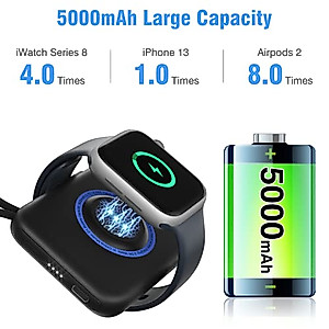 Portable Wireless Charger for Apple Watch, 5000mAh Magnetic iWatch Charger Power Bank with Built in Cable, Travel Battery Pack for Apple Watch Series 8/Ultra/7/6/5/4/3/2/SE/Nike& iPhone 14/13/12/11