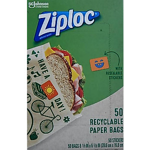 Ziploc Paper Sandwich and Snack Bags, Recyclable & Sealable with Fun Designs, 50 Bags Total