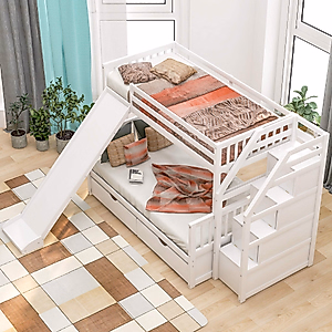 GAOWEI Twin Over Full Bunk Bed with Drawers, Storage and Slide, Multifunction Wood Loft Bed for Kids, Adults (White)