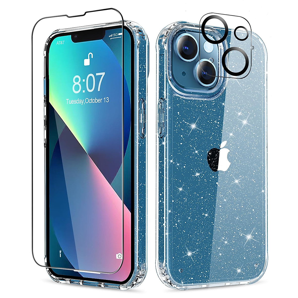 MIODIK for iPhone 13 Case with Screen Protector + Camera Lens Protector, Clear Glitter [Non Yellowing] Shockproof Protective Phone Case, Slim Women Girls iPhone 13 Cover 6.1 inch - Sparkle Clear