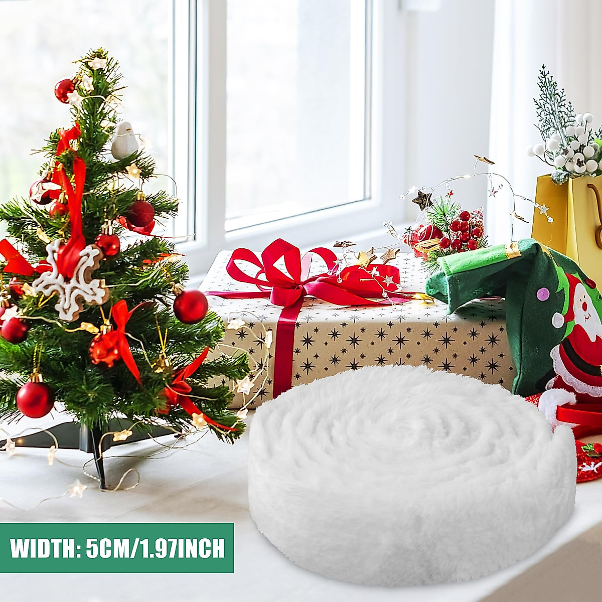 Lusofie Christmas Fur Trim White Faux Fur Ribbon Trim White Fur Fabric Roll for Garland Wreath Bows Santa Costume Sewing Christmas Tree Decor(1.97inch x 3 Yards)