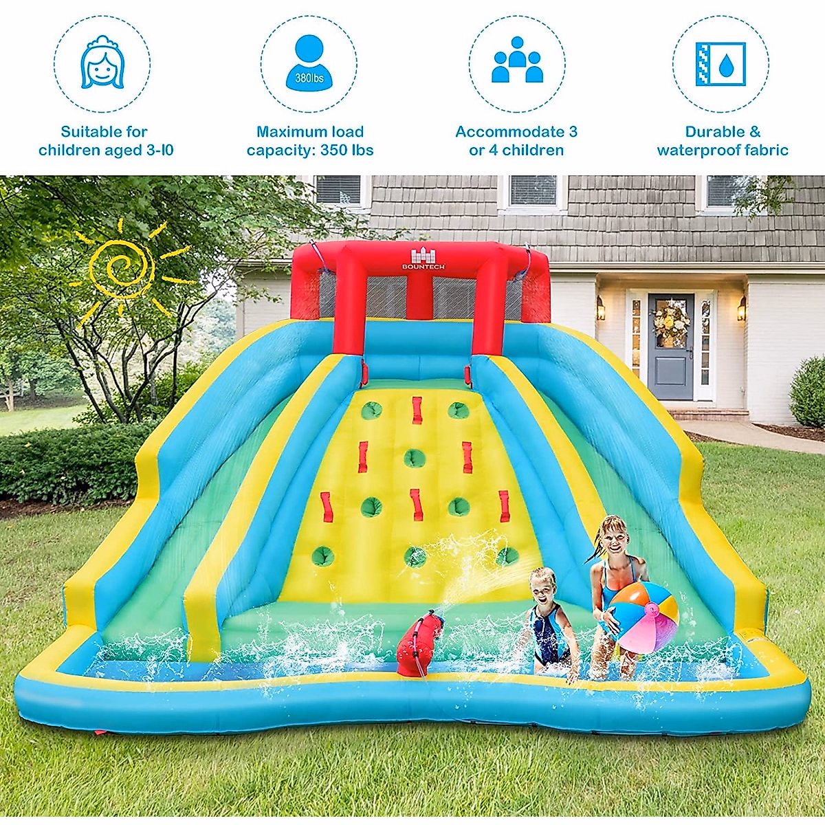 BOUNTECH Inflatable Water Slide, Mega Waterslide Park for Kids Backyard Outdoor Fun with Double Long Slides, Climbing Wall, Blow up Water Slides Inflatables for Kids and Adults Birthday Party Gifts