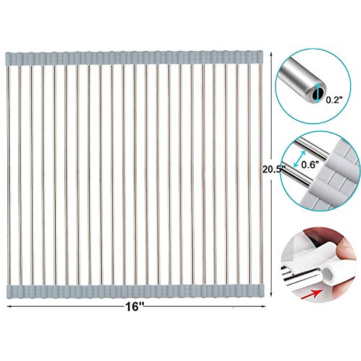 EC ELEGANTCHARM Roll Up Dish Drying Rack Extra Large (20.5" x 16") Multipurpose Folding Drainer Stainless Steel Silicone Coated Rims Rinsing Dish Rack