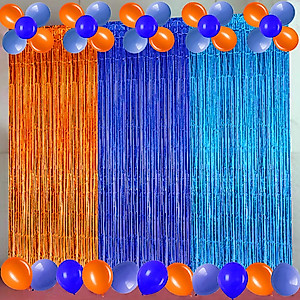 Blue and Orange Foil Fringe Curtains, Blue Orange Dog Birthday Party Supplies Blue Orange and Light Blue Streamer Backdrop Tinsel Photo Booth Prop for Blue Orange Dog Party Decoration (3Pack)