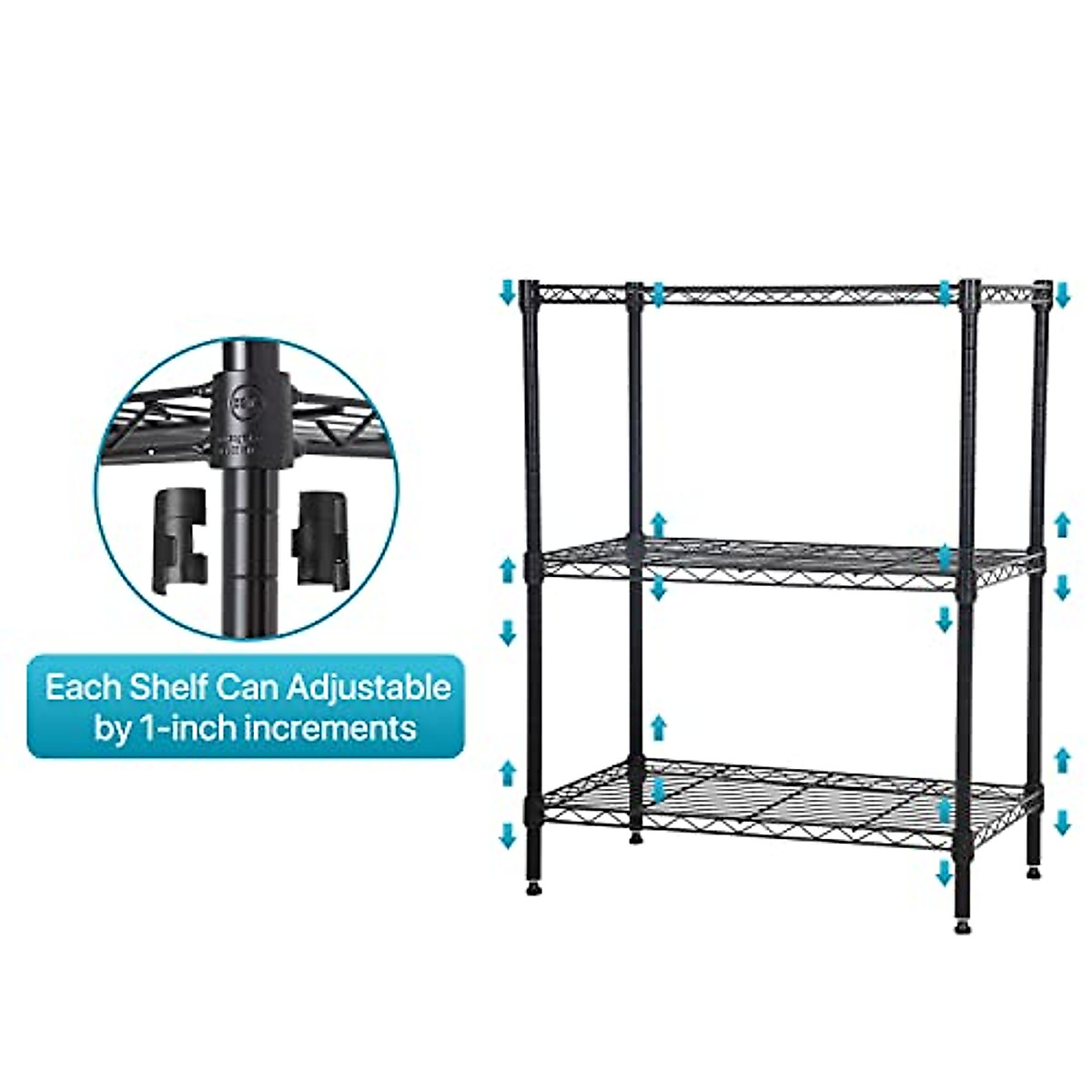 Storage Shelf Heavy Duty 3 Wire Shelving Unit Storage Rack Adjustable with Leveling Feet for Bathroom Kitchen Garage Laundry Pantry 450 LBS Capacity 23Lx13.2Wx30.2H, Black