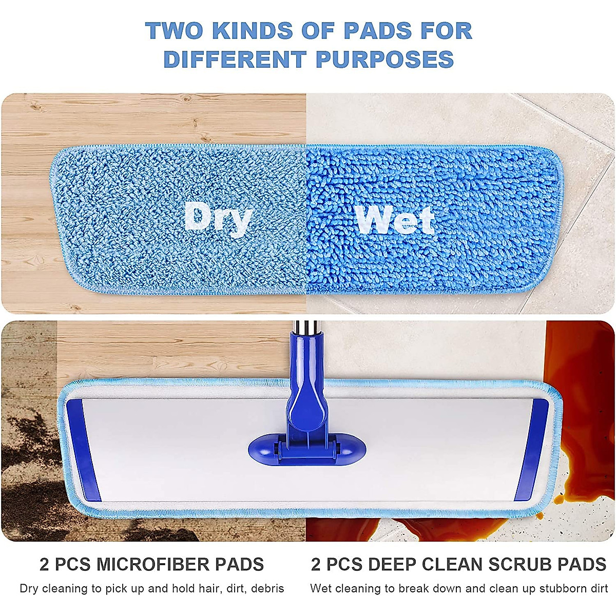 18" Professional Microfiber Mop Floor Cleaning mop, Flat Mop with Stainless Steel Handle,4 Reusable Washable Mop Pads and mop Pads Brush,Microfiber Mop for Hardwood, Laminate, Tile Floor Cleaning
