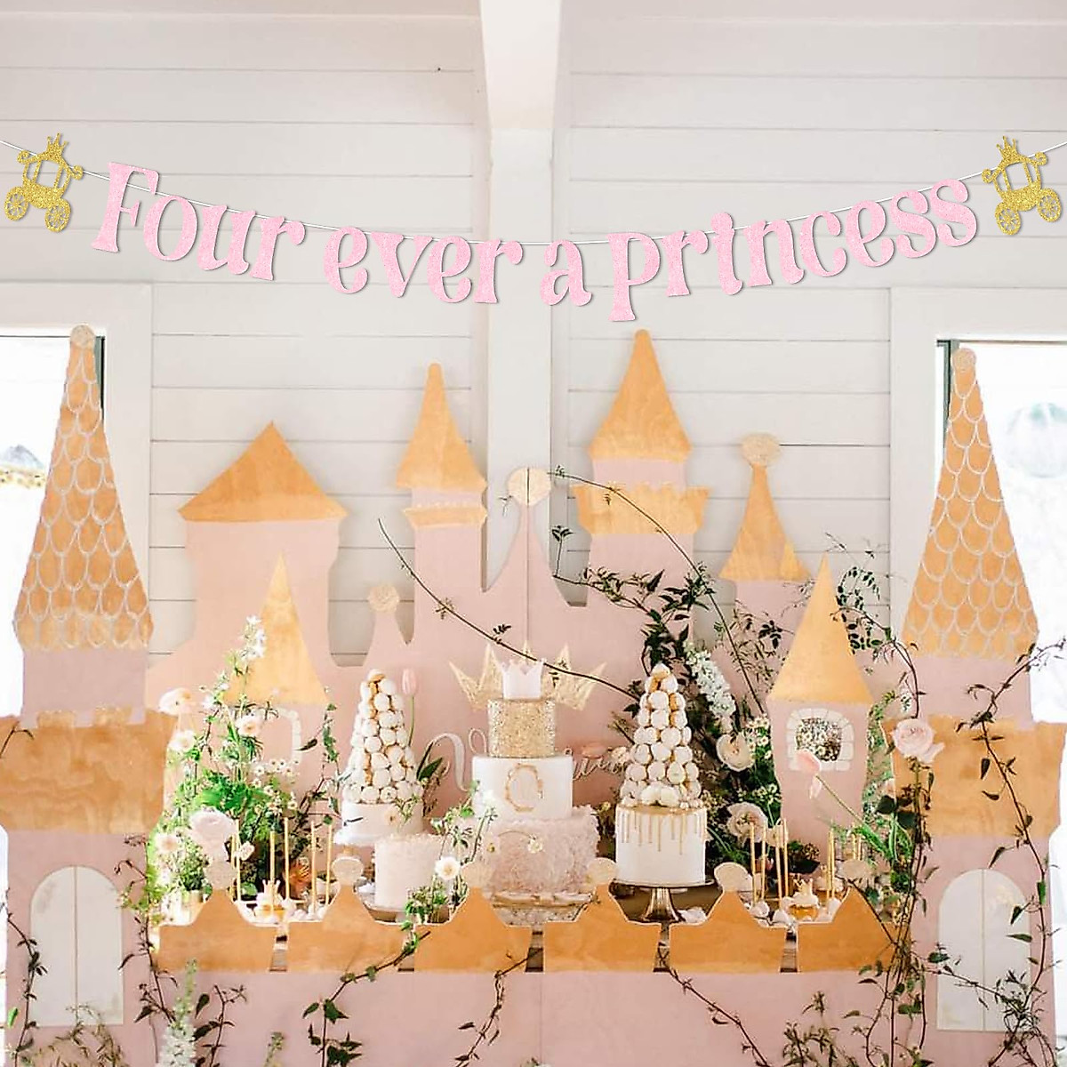 Sursurprise Princess 4th Birthday Party Decorations, Four Ever A Princess Banner Pink Gold for Girls, Princess Themed 4 Years Old Birthday Party Supplies