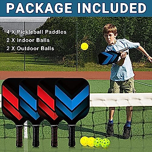 AOBORTY Pickleball Paddles 4 Pack - Light Graphite Premium Rackets Fiber Face Pickleball Set with 4 Outdoor Indoor Balls