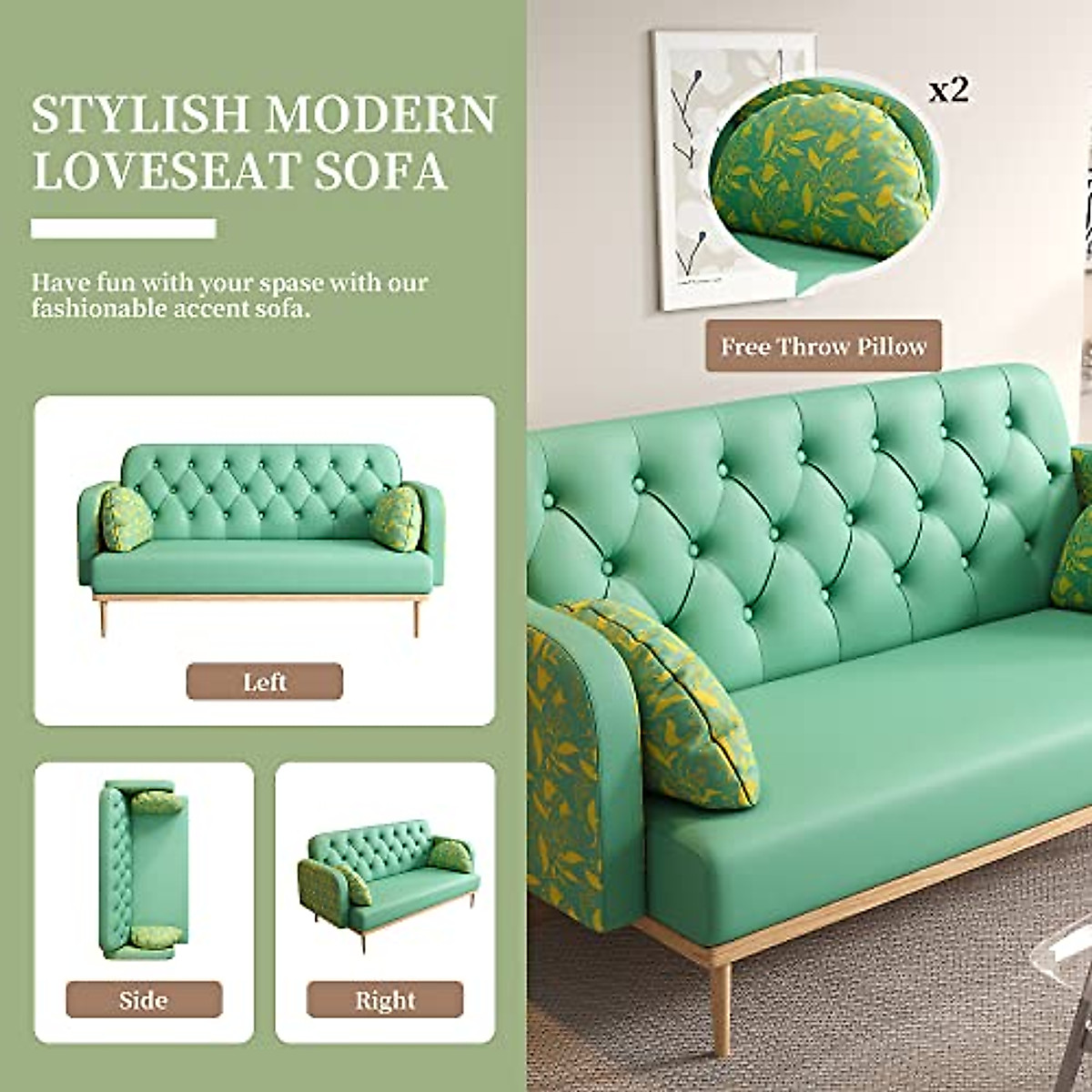 PHOYAL Loveseat Sofa, Mid Century Modern Decor Love Seat Couch, 56" 2-Seater Sofa Double seat Modern Sofa for Living Room, Apartment, Studio,Office & Small Space (Green)
