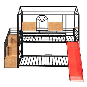 BOVZA House Bunk Bed with Slide and Stairs, Twin Over Twin Metal Bunk Beds Frame with Roof and Storage Staircase for Kids Boys Girls Teens, Black+Red