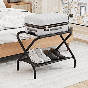 Smuxee Black Luggage Rack, Foldable Suitcase Stand with Fabric Storage Shelf, Luggage Holder with 4 Nylon Straps for Guest Room Bedroom Hotel