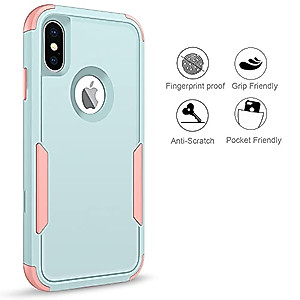BENTOBEN iPhone X Case, iPhone Xs Case, 3 in 1 Heavy Duty Rugged Hybrid Hard PC Soft TPU Bumper Shockproof Non-Slip Protective Cases Cover for iPhone X (2017) / iPhone Xs (2018) 5.8 Inch, Green/Pink