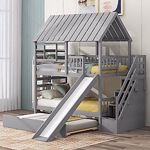 BOVZA Stairway House Bunk Bed Twin Over Twin with Trundle and Slide, Wooden Bunk Bed Frame with Storage Stairs, Roof and Window Design, for Kids Girls Boys, Gray