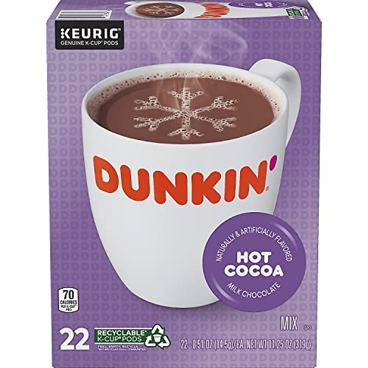 Dunkin' Donuts Milk Chocolate Hot Cocoa, Keurig K-Cup Pods, 22/Box (611227377215) (1261)