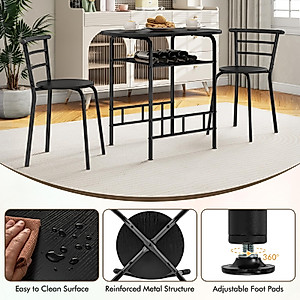 Giantex 3 Piece Dining Set Compact 2 Chairs and Table Set with Metal Frame and Shelf Storage Bistro Pub Breakfast Space Saving for Apartment and Kitchen (Black)