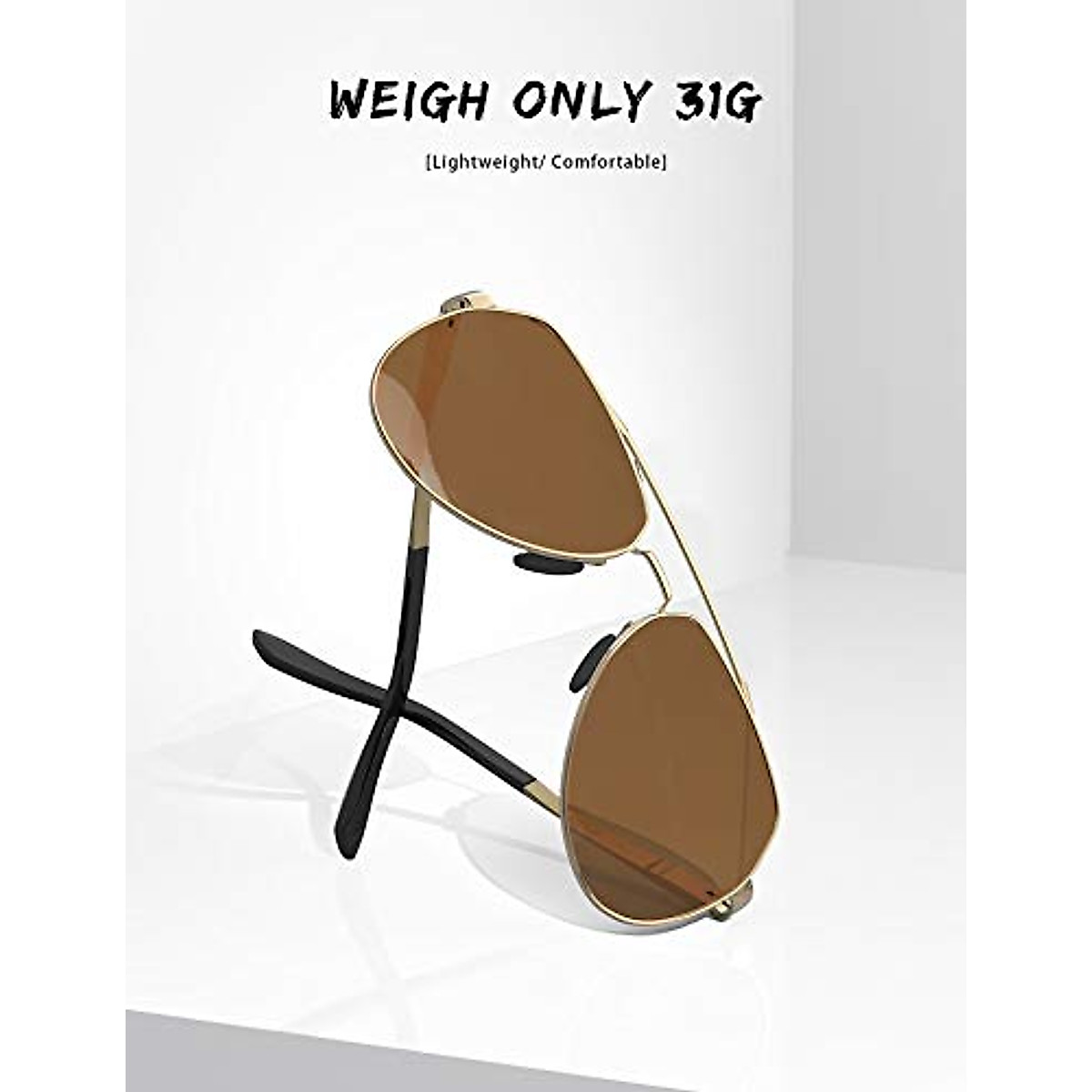 LUENX Men Women Aviator Sunglasses Polarized Shades Flexible Spring Hinge - Brown Lens Gold Metal Frame Large 60mm