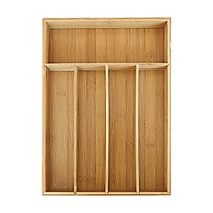 ZROOY Kitchen Bamboo Drawer Organizer Utensils Tray Organizer, Small Silverware Organizer with 5 Compartments for Spoons Forks Knives