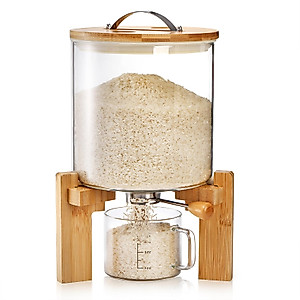 Tlence 5L Glass Rice Dispenser, Cereal Container with Bamboo Stand, Large Airtight Food Storage Bin, Rice Organization Tank with Measuring Cup for Grain Coffee Beans Dry Food