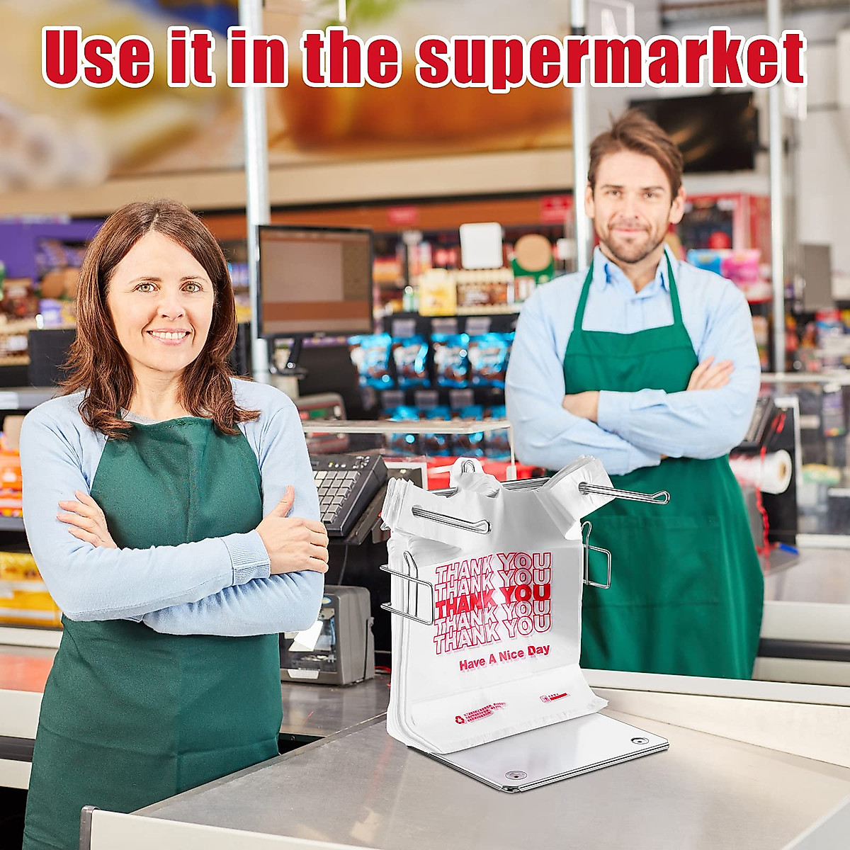 Sweetude 2 Pcs Grocery Bag Holders with 200 Pcs Thank You Plastic Bags 13.5 x 13 x 10.5 Inch Plastic Bag Holders for Grocery Bags Chrome T Shirt Bag Rack for Restaurant Small Business Take Out Retail