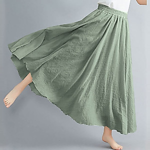 ASHER FASHION Women's Bohemian Style Elastic Waist Band Cotton Linen Long Maxi Skirt Dress (85CM, Light Green)