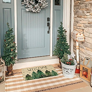 CROWNED BEAUTY Christmas Front Door Mat Pine Trees Doormat for Indoor Outdoor, Entry Rug for Outside Porch Entrance Welcome 17x29 Inch (Green)