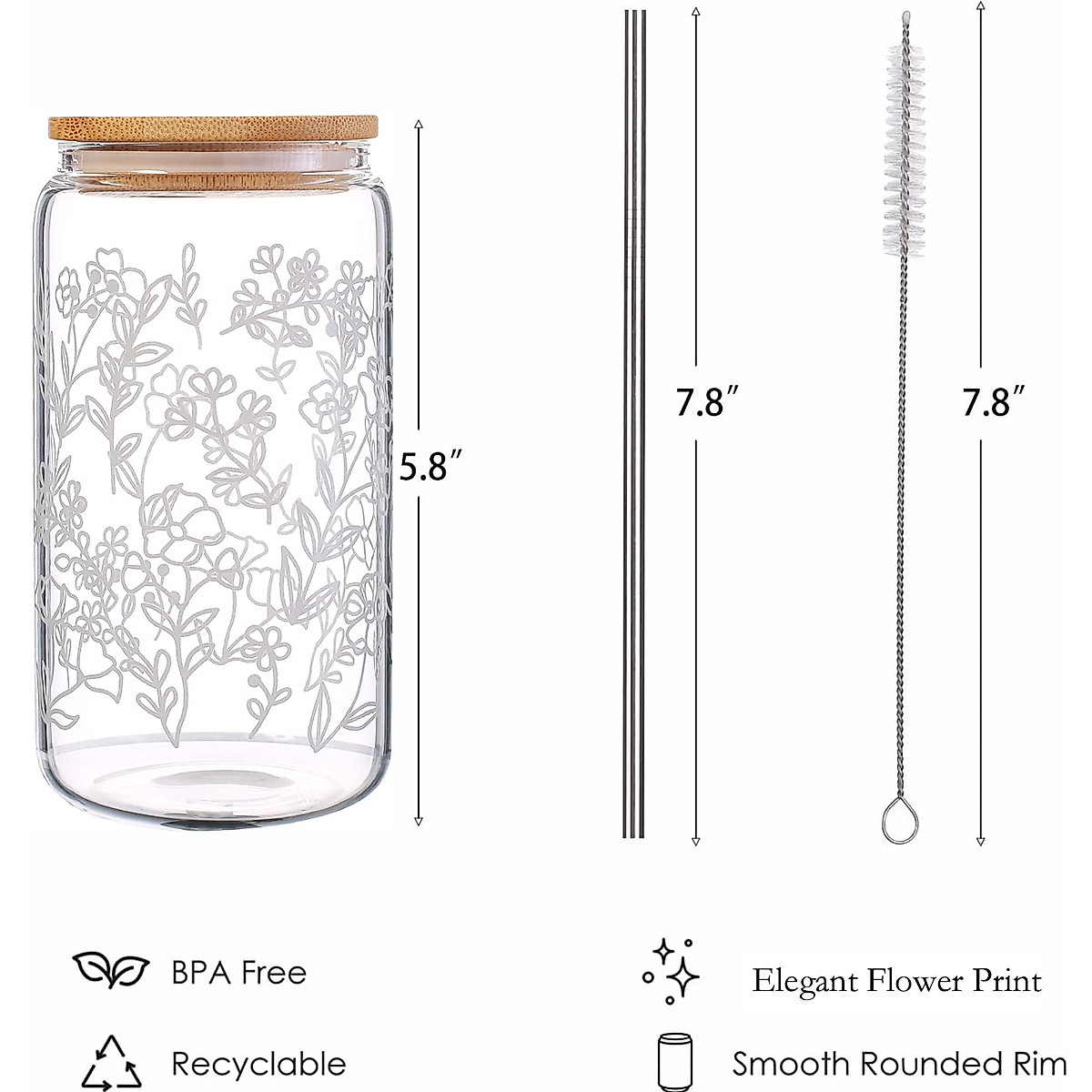 Floral Iced Coffee Cup - Cute Glass Coffee Cups with Lids and Straw - Flower Aesthetic Beer Tumbler, Can Shaped Drinking Glasses, Birthday Christmas Gifts for Women, Mom, Aunt, Wife - 16 oz Can Glass
