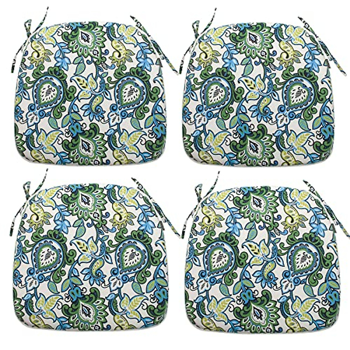 MAGPIE FABRICS Outdoor/Indoor Chair Cushions with Ties, Waterproof All Weather Patio Seat Pads for Patio Furniture Home Office Garden Decoration 17"x16"x2" (Botanical Blue Green, Set of 4)