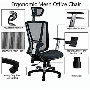 Ergomax MSH112BK Ergonomic Adjustable Home Office All Mesh Desk, Lumbar Support & Back Relief Breathable Chair, 53 inch Max Height, Black
