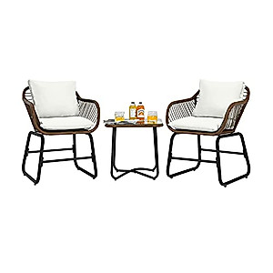 OBIOZZ Patio Furniture Set 3PCS Patio Rattan Bistro Set Cushioned Chair Glass Table Deck White Patio Set, Ideal for Your Backyard, Balcony, Garden for Backyard Porch