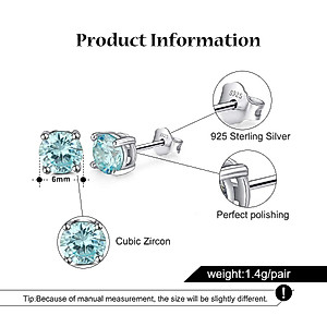 Fereendo 925 Sterling Silver Birthstone Stud Earrings Round Cut Aquamarine Cubic Zircon Birthstone Earrings Studs March Birthday Jewelry Gift for Women