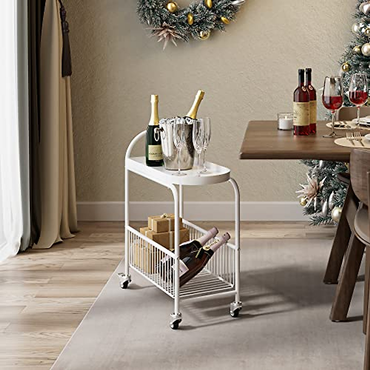 AEPOALUA Bar Cart, Mini Bar Cartwith Magazine Holder, Modern Two Tier Silver Bar Cart for Bedroom,Bathroom, Kitchen,Indoor, Patio White