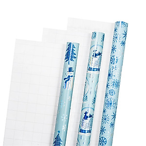 LeZakaa Blue Christmas Wrapping Paper - Mini Roll with Metallic Foil - Snowman/Crystal Ball/Snowflake for Gift Wrap, DIY Craft - 17 x 120 inches - 3 Rolls (42.5 sq.ft.ttl.)