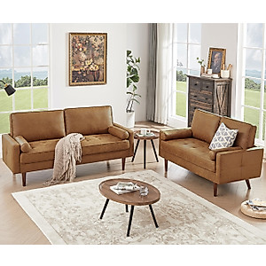 HIFIT 58" Loveseat Sofa Couch, Mid Century Modern Faux Leather Couch with Hand-Sewn Deep Love Seat & 2Pillows, Home Sofa Living Room Small Couches for Small Space,Bedroom,Office,Solid Wood Frame,Brown