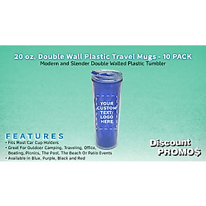 Personalized 20 oz. Double Wall Plastic Travel Mugs - 10 Pack - Custom Text, Logo - Blue