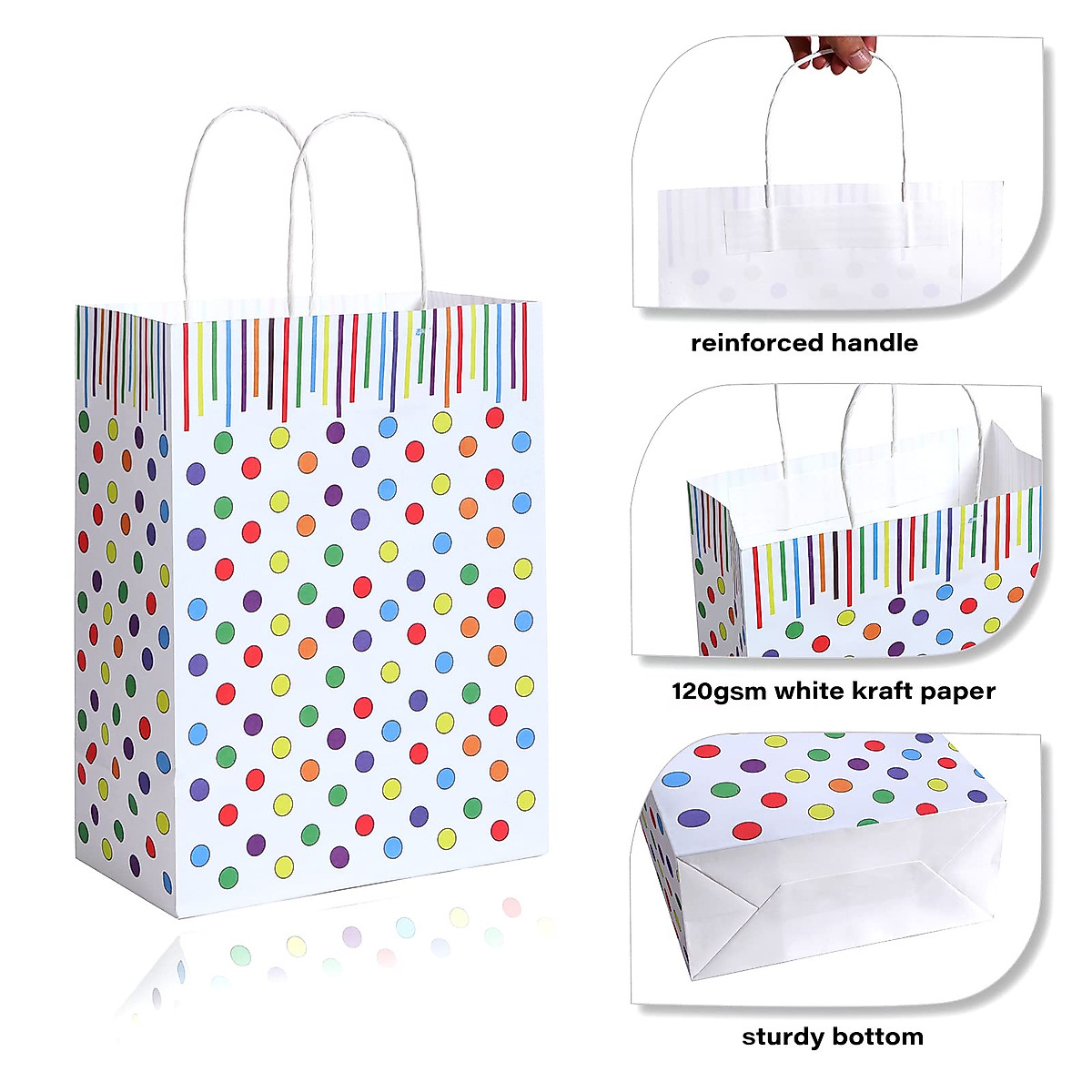 Bekoetoz 40 PCS White Kraft Paper Bags With Handles Bulk Gift Bags For Birthdays,Weddings,Baby Showers,Thanksgiving Christmas,Bridal Shower,Party Favor,Goodie Bags(Medium,Dots)