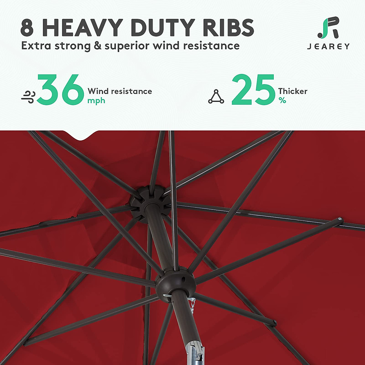 JEAREY 9FT Outdoor Patio Umbrella Outdoor Table Umbrella with Push Button Tilt and Crank, Market Umbrella 8 Sturdy Ribs UV Protection Waterproof for Garden, Deck, Backyard, Pool (Red)