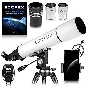 SCOPEX Telescope 90mm Aperture, Telescopes for Adults Astronomy Professional, AZ Astronomical Refractor, Telescope for Kids 8-12 Plus, Phone Adapter, Two Finderscopes, Bluetooth Remote, Case. White