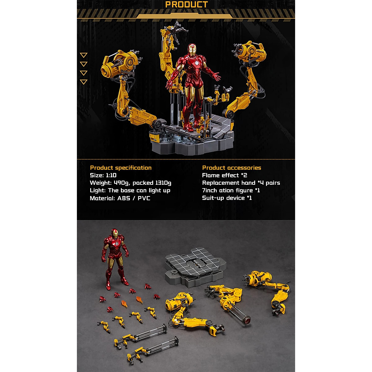 BANOBI Ironman MK4 Suit-up Gantry,7 Inch Action Figure,Collectible Ironman Scence,Light with Platform
