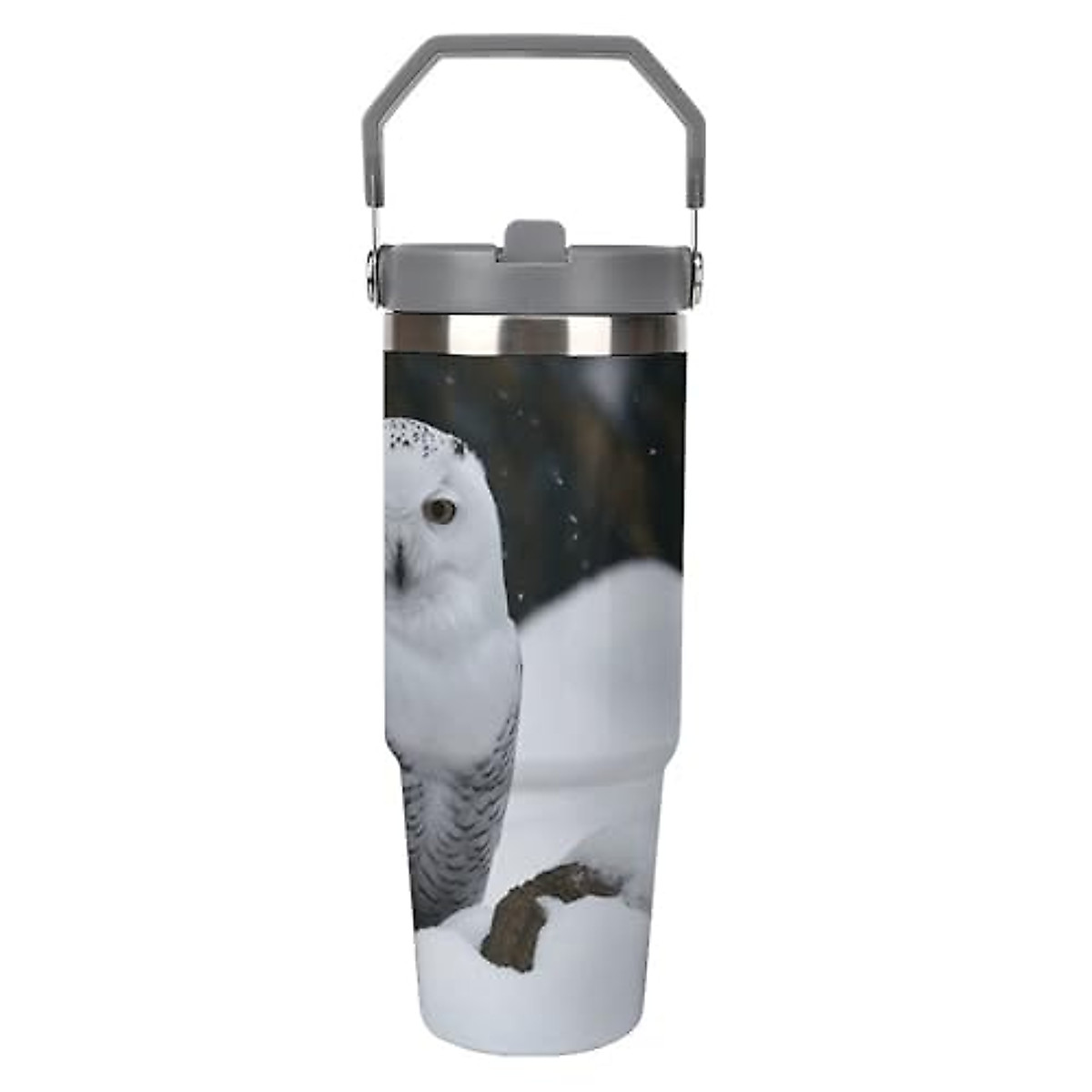 BWQJKUO Large Capacity Car Cup 30 Oz Stainless Steel Snow Owl Printed Travel Mug Leak-proof Flip Straw Tumbler with Handle,keeps Cold Or Ho