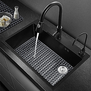 AWOKE Sink Protectors for Kitchen Sink - 28.6"x 14.5" Sink Mat - Heat-resistant Easy-clean Silicone Sink Mat - for Protection of Stainless Steel Sink - with Right & Left Drain (Grey)
