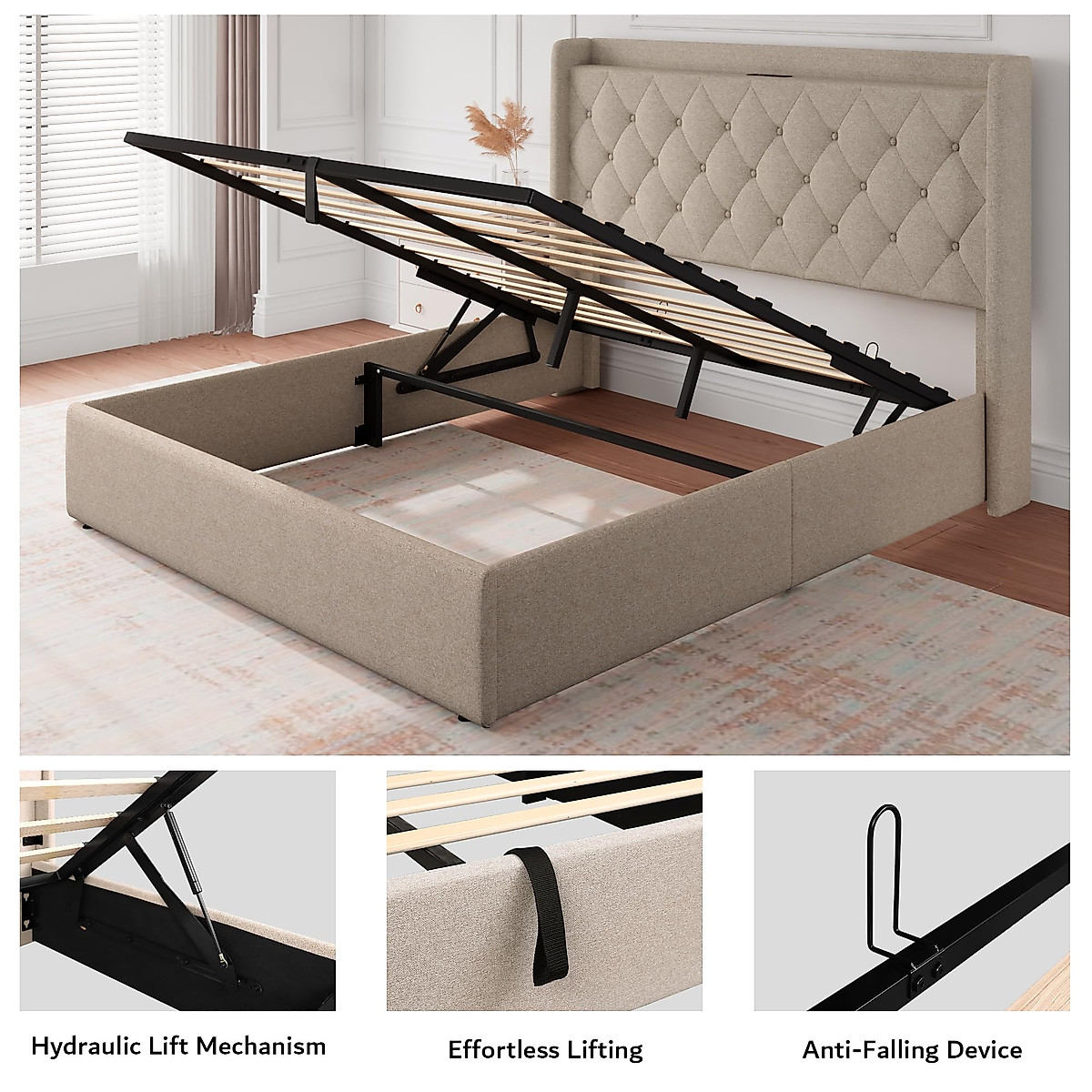 iPormis Queen Size Lift Up Storage Bed Frame with Charging Station, Upholstered Platform Bed Frame with Tufted Headboard, Hydraulic Storage, No Box Spring Needed, Noise-Free, Easy Assembly, Beige