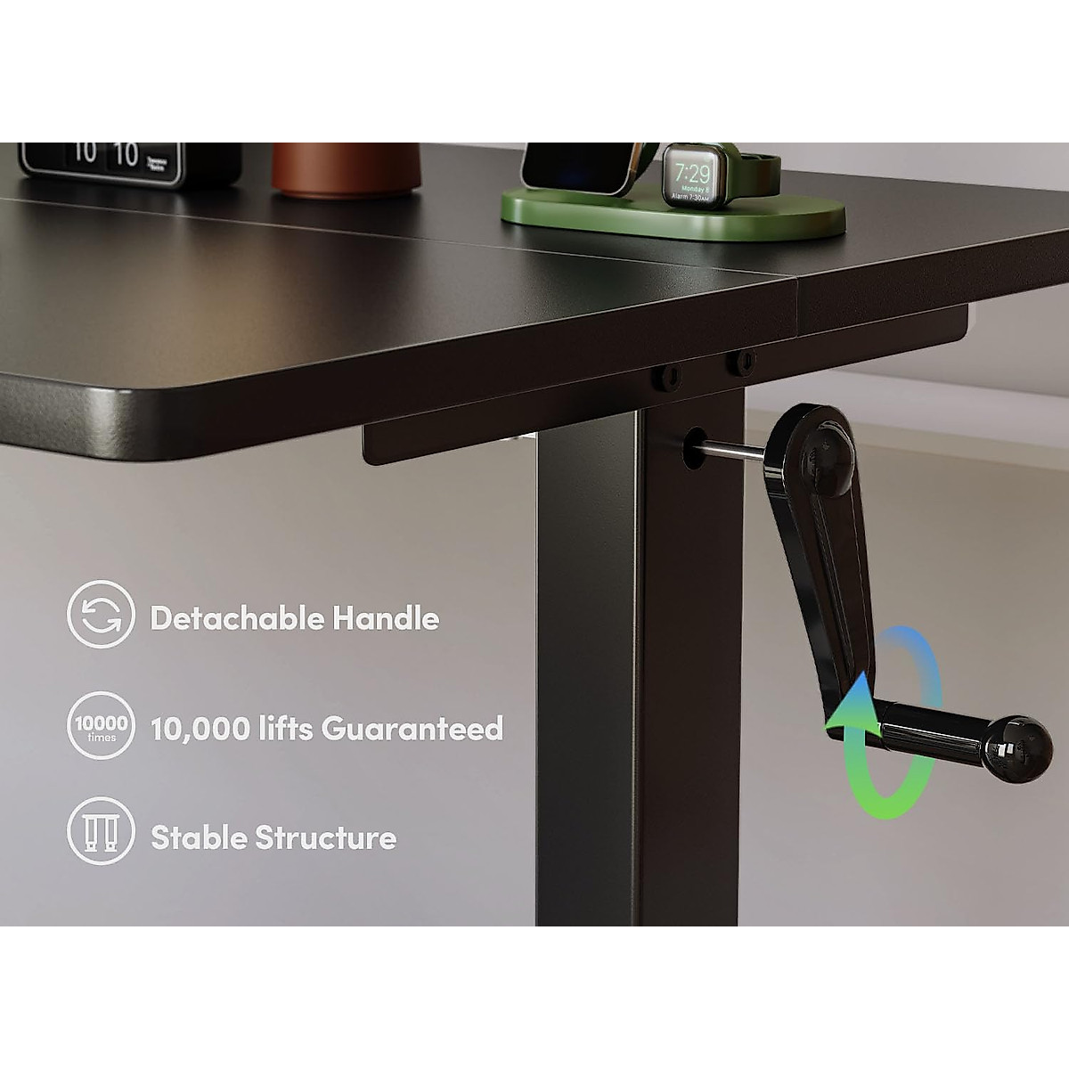 FEZIBO Crank Height Adjustable Desk, 48 Inches Manual Standing Desk, Writing Table with Handle, Home Office Desk with Black Frame/Black Table Top