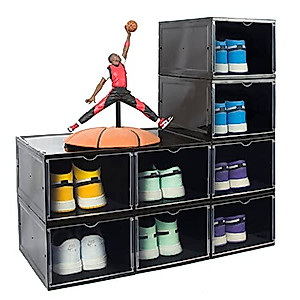 Hrrsaki 8 Pack Shoe Storage Box, Drop Front Shoe Boxes,Shoe Box Clear Plastic Stackable, Shoe Storage Box and Shoe Organizer for Display Sneakers,Easy Assembly,Fit up to US Size 12(13.4”x 10.7”x 7.2”) - Black