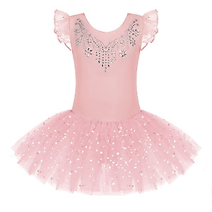 Zaclotre Kid Girls Ruffle Sleeve Ballet Skirted Leotard Shiny Dance Tutu Dresses