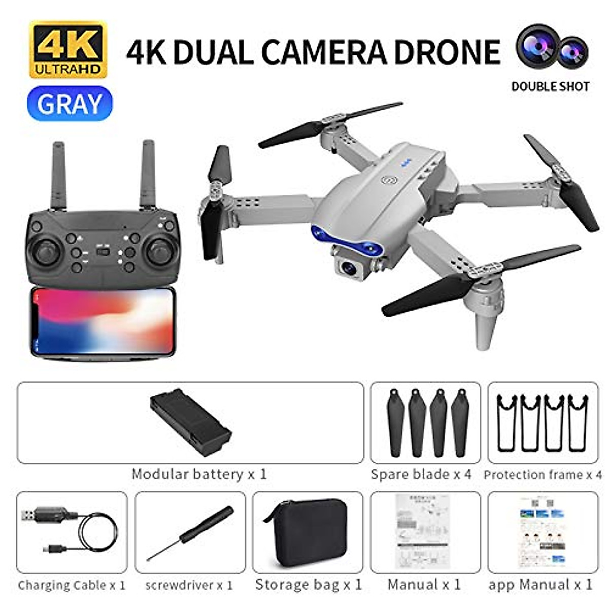 PEKIOGT RC UAV Smart Dual Mini-Drone Camera WiFi Helicopter Foldable 4K FPV Selfie Photo Flying Space Orb